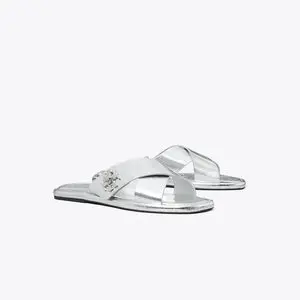 Tory Burch Turnlock Cross-band Slides - Shiny Silver