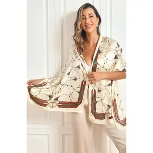 SILKSILKY Silk Printed Rectangular Long Stole Scarf - Beige