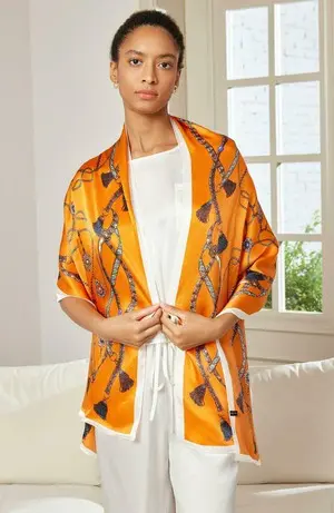 SILKSILKY Silk Printed Rectangular Long Stole Scarf - Orange