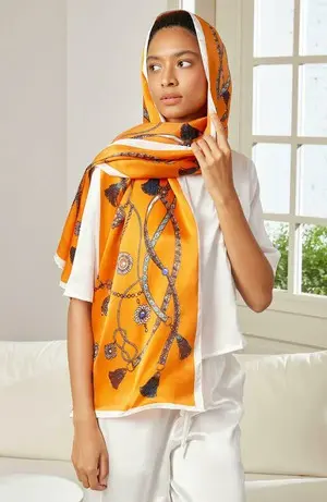 SILKSILKY Silk Printed Rectangular Long Stole Scarf - Orange