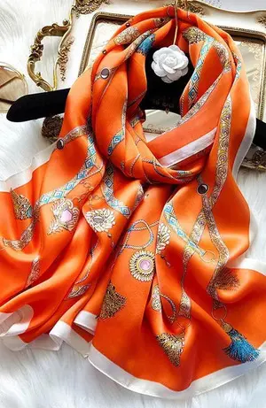 SILKSILKY Silk Printed Rectangular Long Stole Scarf - Orange