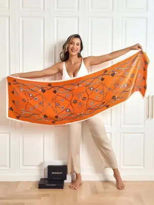 SILKSILKY Silk Printed Rectangular Long Stole Scarf - Orange