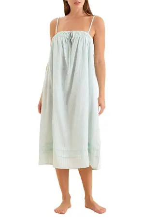 PAPINELLE Sabine Seersucker Stripe Cotton Blend Nightgown - Eggshell / White Stripe