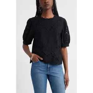 Treasure & Bond Embroidered Cutwork Puff Sleeve Top - Black