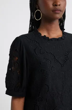 Treasure & Bond Embroidered Cutwork Puff Sleeve Top - Black