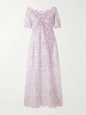 Rabanne Off-the-shoulder Metallic Lace Maxi Dress - Silver