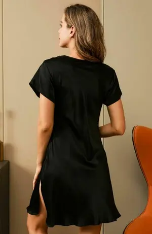 SILKSILKY Pure Silk Lace Neck Split Hem Nightgown - Black