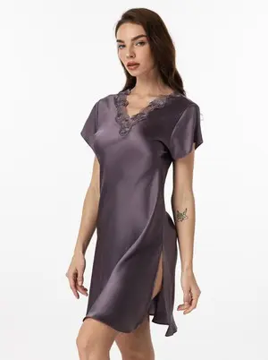 SILKSILKY Pure Silk Lace Neck Split Hem Nightgown - Purplegray