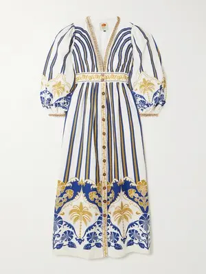 Farm Rio Embellished Printed Linen-blend Midi Dress