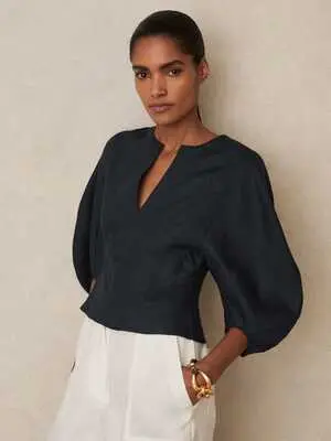 REISS Remi Linen Top - Navy