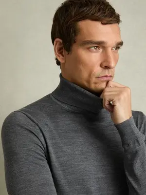REISS Slim-Fit Merino Wool Roll Neck Jumper Grey
