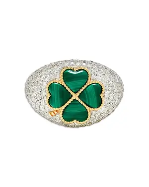 Yvonne Léon 9k Yellow Gold Malachite And Gray Diamond Clover Ring - White