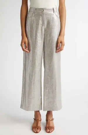 Max Mara Malika Metallic Coated Linen Wide Leg Pants