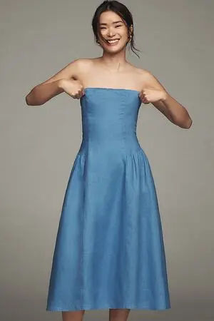 Wayf Strapless Linen Blend Midi Dress In Blue - 41% Off | Editorialist