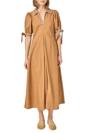 English Factory Contrast Stitch A-line Midi Dress - Brown