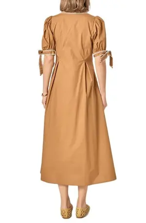 English Factory Contrast Stitch A-line Midi Dress - Brown