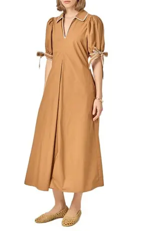 English Factory Contrast Stitch A-line Midi Dress - Brown