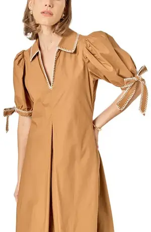English Factory Contrast Stitch A-line Midi Dress - Brown