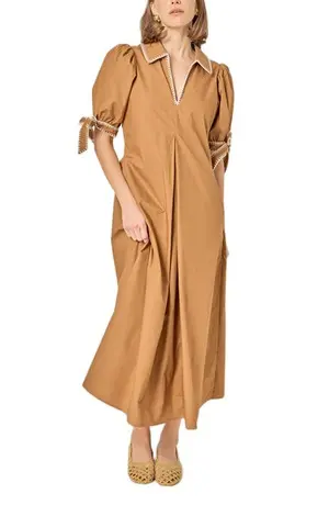 English Factory Contrast Stitch A-line Midi Dress - Brown