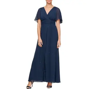 SL FASHIONS Beaded Flutter Sleeve A-line Gown