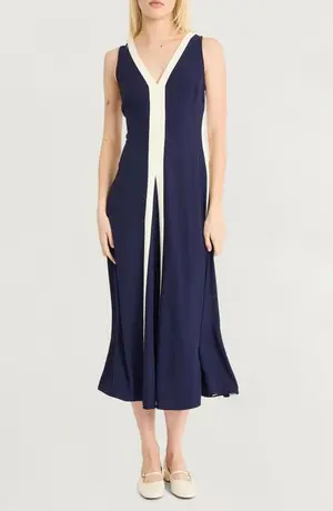 LUXELY Stripe V-neck Maxi Dress - Evening Blue/ White Smoke