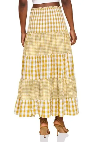 Avec Les Filles Mixed Print Tiered Cotton Gingham Maxi Skirt