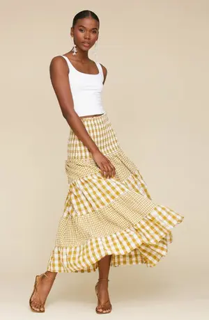 Avec Les Filles Mixed Print Tiered Cotton Gingham Maxi Skirt