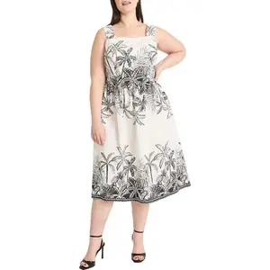 Maggy London Tropical Print Fit & Flare Midi Dress - Black/ White