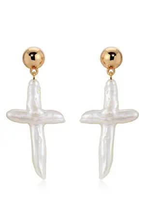 Ettika Freshwater Pearl Cross Drop Earrings - Gold