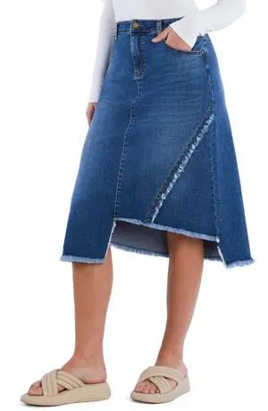 WASH LAB DENIM Fray Two Step Denim Skirt - Flounce Blue