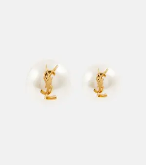 Saint Laurent Logo Faux Pearl Stud Earrings - White