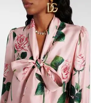 Dolce & Gabbana Floral Silk Satin Blouse With Tie Neck