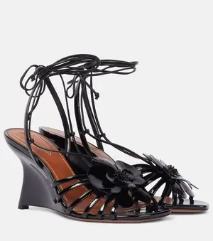 Zimmermann Patent Leather Wedge Sandals With Floral Detail