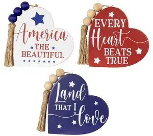 NORTHLIGHT Patriotic Hearts With Tassels Wooden Signs 3.75 - One-color