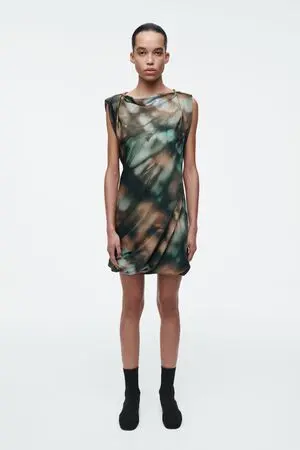 Printed Draped Silk Dress - Blue