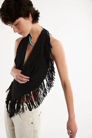 UNDERSTATED LEATHER Fringe Halter Top - Black
