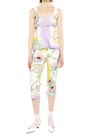 Anna Sui Florida Cotton Sateen Capri Pants - Lavender Multi