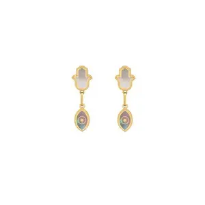 KARMA AND LUCK Hamsa & Evil Eye Mother Of Pearl Earrings - Gold/grey