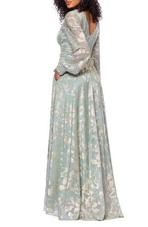 Betsy & Adam Foil Pattern Long Sleeve Gown - Sage/ Gold