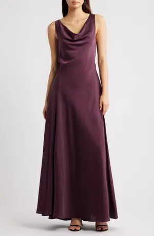 WAYF Tala Cowl Neck Satin Gown - Plum