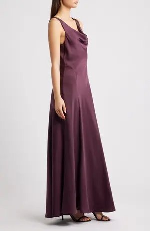 WAYF Tala Cowl Neck Satin Gown - Plum