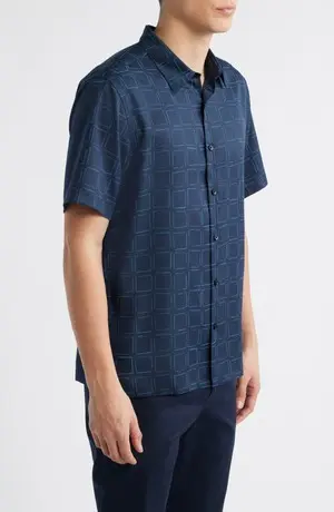Theory Irving Grid Print Short Sleeve Lyocell Button-up Shirt - Blue Multi