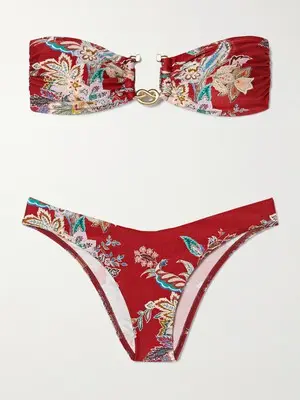 Zimmermann Rhiannon Embellished Printed Bandeau Bikini - Red