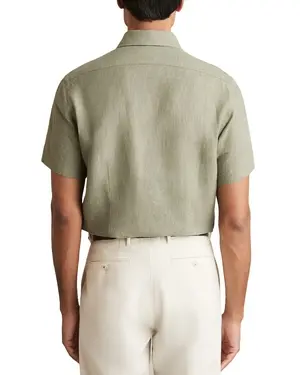 REISS Holiday Slim Fit Short Sleeve Linen Shirt - Thyme Green