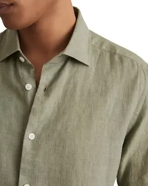 REISS Holiday Slim Fit Short Sleeve Linen Shirt - Thyme Green