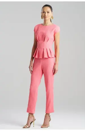 Natori Textured Cotton Jacquard Cap-sleeve Peplum Top