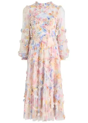 NEEDLE & THREAD Floral-embellished Tulle Midi Dress