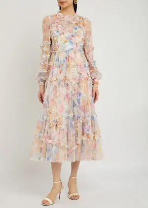 NEEDLE & THREAD Floral-embellished Tulle Midi Dress