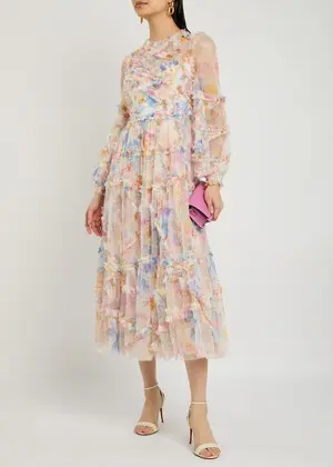 NEEDLE & THREAD Floral-embellished Tulle Midi Dress