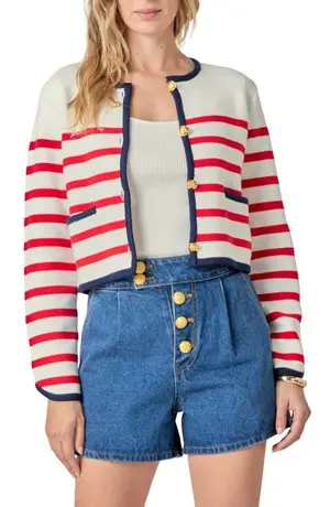 English Factory Stripe Crop Cardigan - Red Multi
